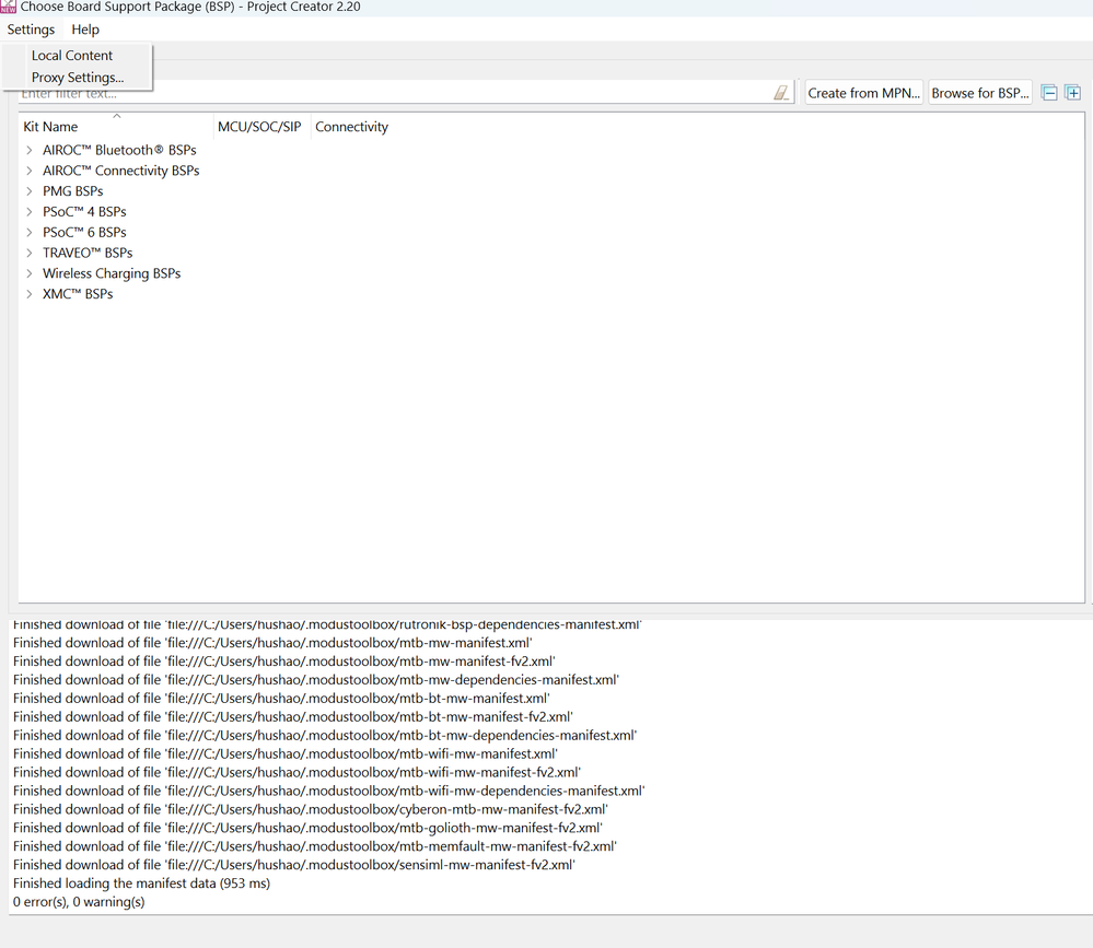 [CYW20829] 從 Eclipse for Modustoolbox 中「新應用程式」時發生錯... - Infineon Developer Community