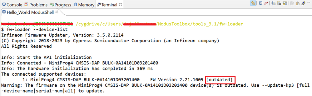 ModusToolbox™: Updating the KitProg3/MiniProg4 firmware from modus-shell