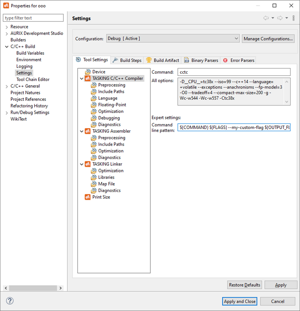 Configuring additional flags in the toolchain configuration user interface