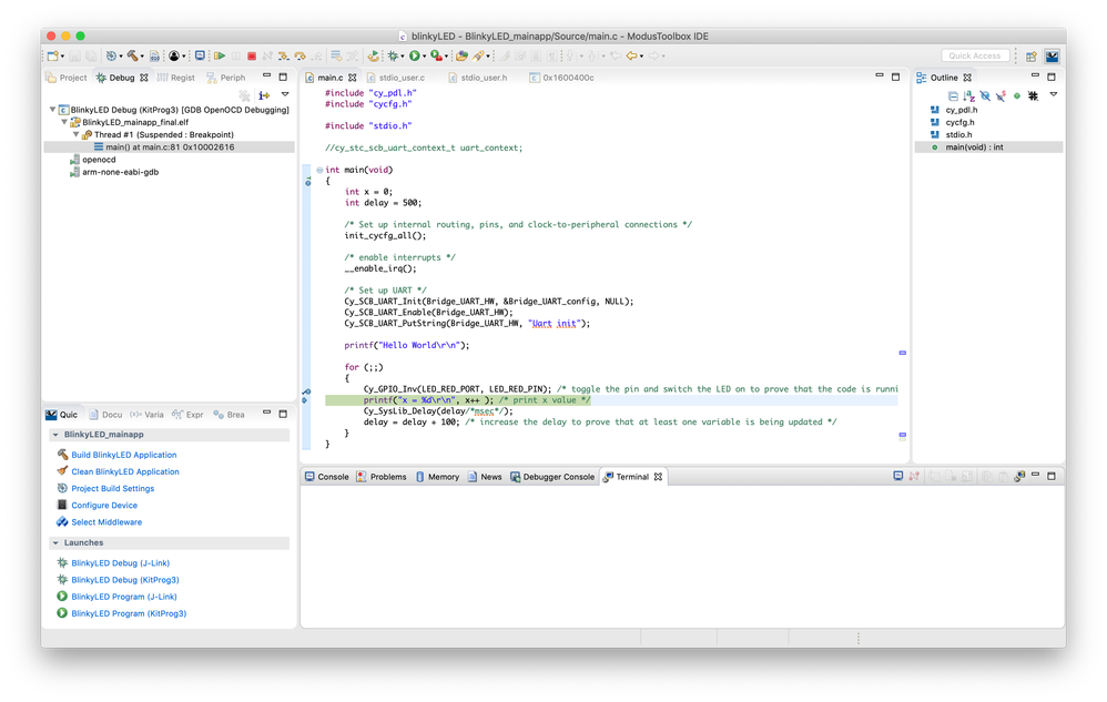 Solved: debug print on the console (video tutorial example... - Infineon Developer Community