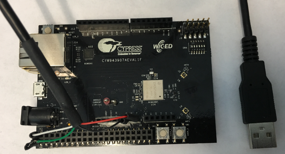 Hardware connections for USB evaluation on CYW943907AEVAL1F