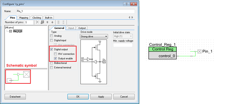 Use of the Output Enable option in a digital output pin component of ...