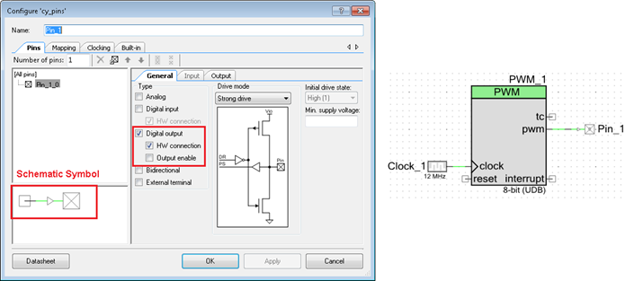 Use of the Output Enable option in a digital output pin component of ...