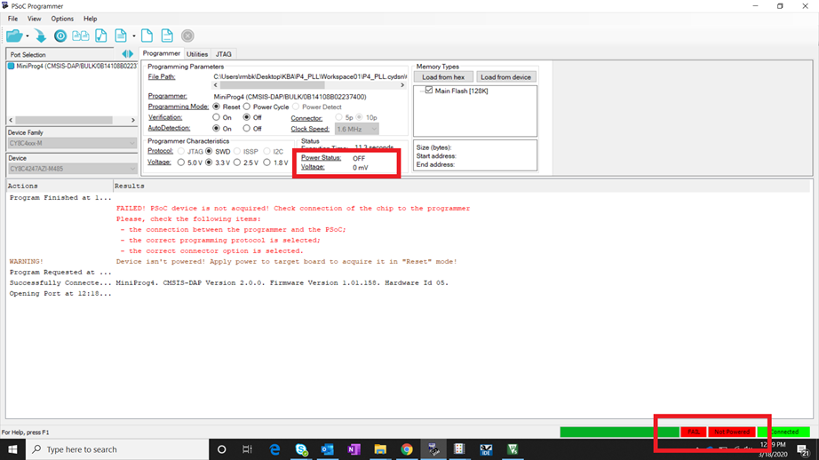 MiniProg4 Shows that the Device Is Not Powered If Target Power Is ...