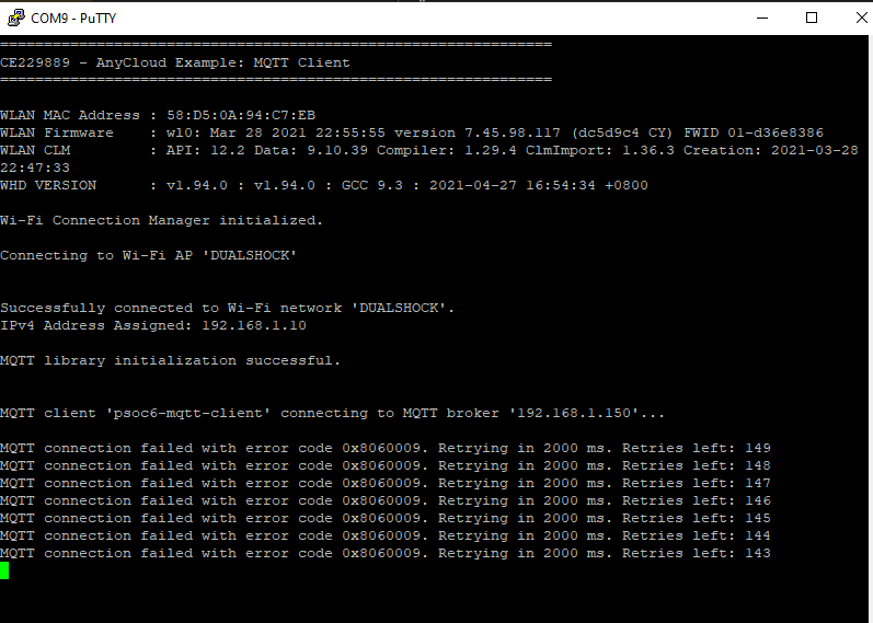 Solved: "MQTT connection failed with error code 0x8060009 ... - Infineon Developer Community