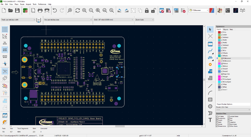 KiCad based schematic and layout for FX3 camera kit