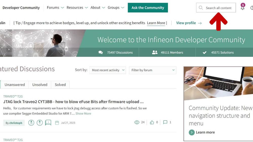 Get Started How To Use The Search Feature Infineon Developer Community