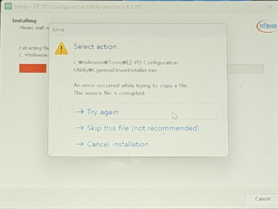 已解決：EZ-PD 組態公用程式安裝錯誤 - Infineon Developer Community